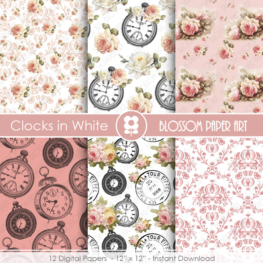 Shabby Chic Scrapbook Paper, Rose Vintage Digital Paper Pack, Wedding ...