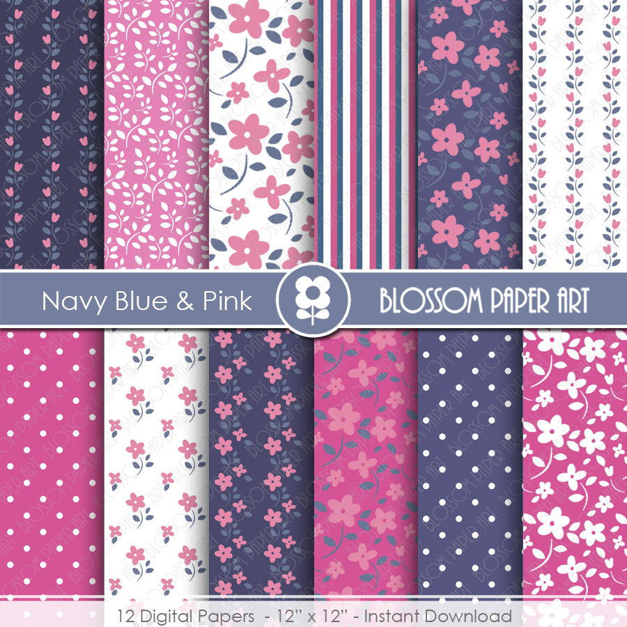 Blue Navy Digital Paper, Pink Digital Papers, Floral Digital ...