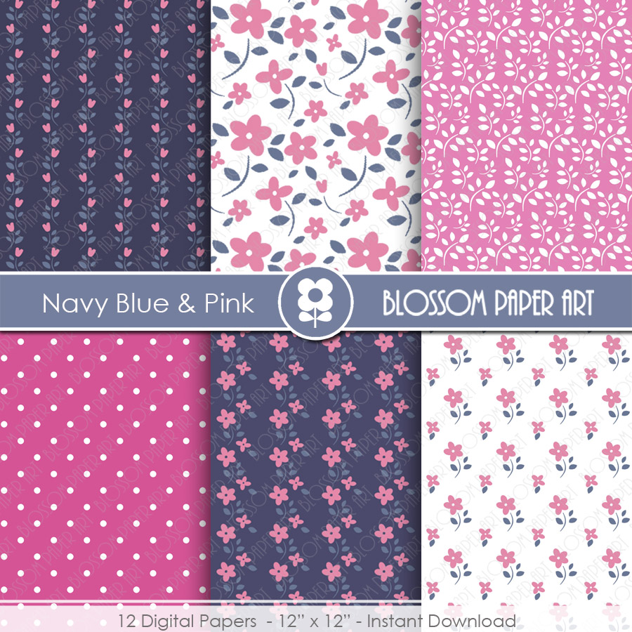 Blue Navy Digital Paper, Pink Digital Papers, Floral Digital ...
