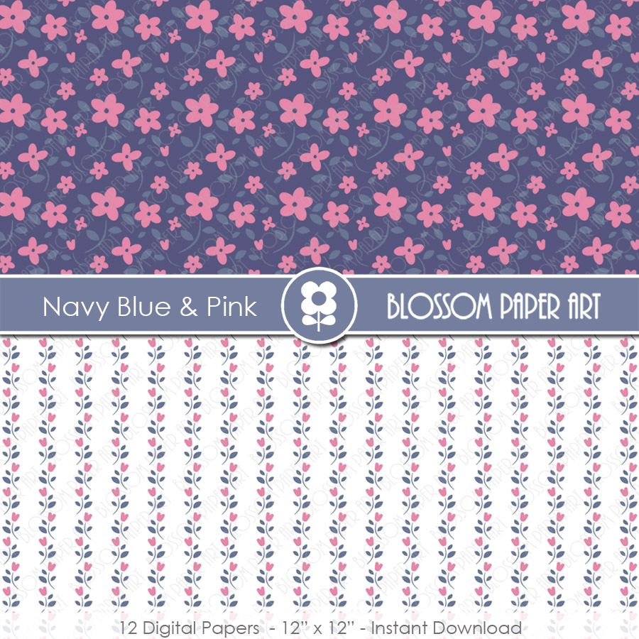 Blue Navy Digital Paper, Pink Digital Papers, Floral Digital ...