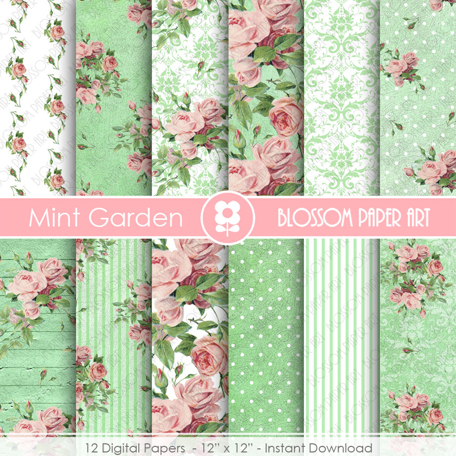 Roses In Mint Digital Paper, Garden Shabby Chic Digital Paper Pack ...