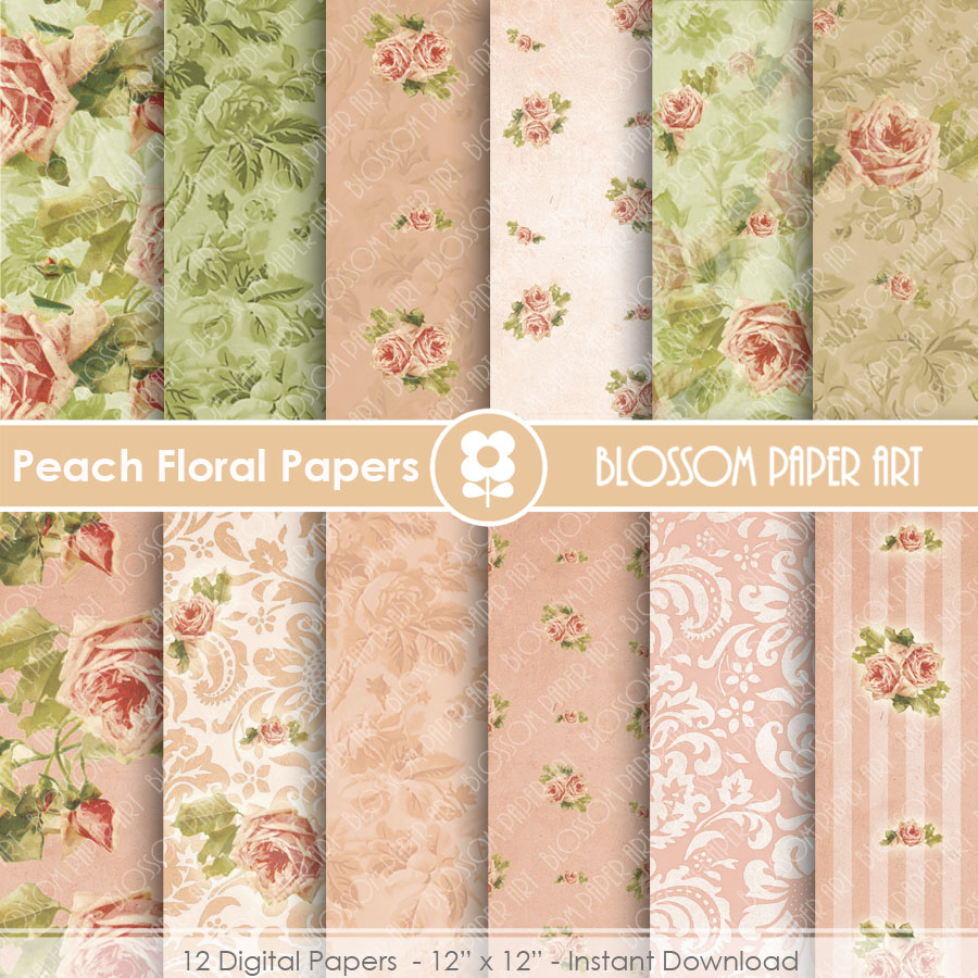 Floral Digital Paper, Peach Digital Paper Pack, Wedding, Scrapbooking ...
