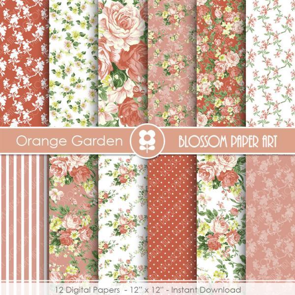 Floral Digital Paper Pack, Orange Floral Digital Papers, Digital ...