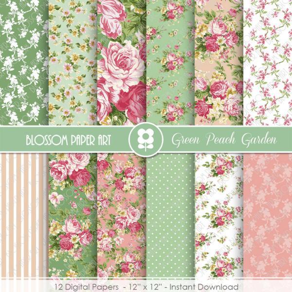 Digital Papers, Rose Peach Green Floral Digital Paper Pack ...