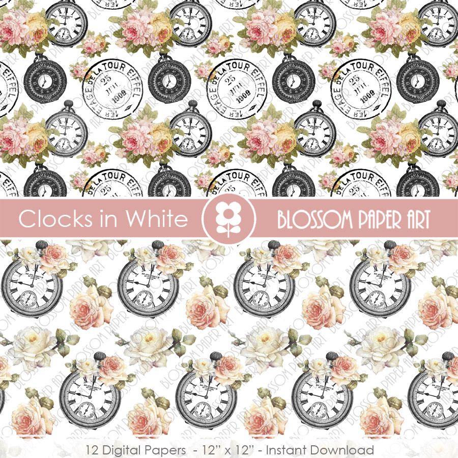 Shabby Chic Scrapbook Paper, Rose Vintage Digital Paper Pack, Wedding ...