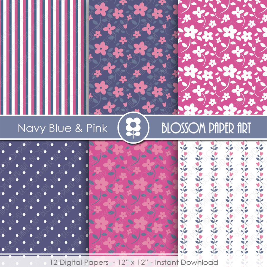 Blue Navy Digital Paper, Pink Digital Papers, Floral Digital ...